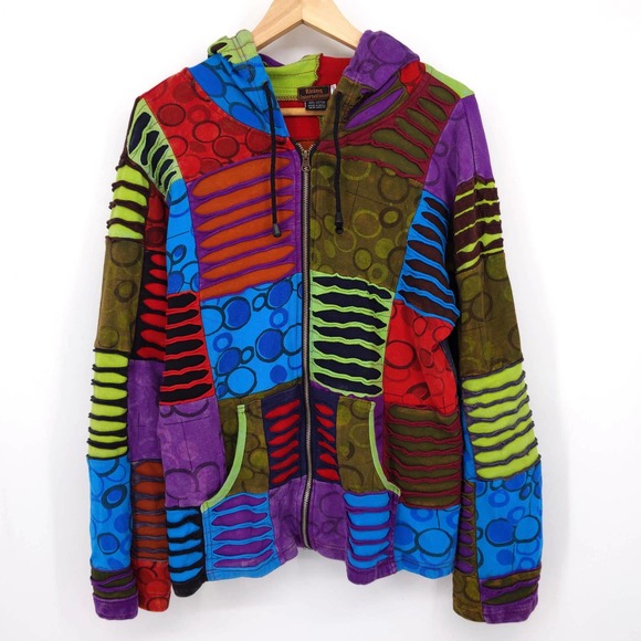 Rising International | Tops | Nepal Patchwork Colorblock Hoodie Jacket ...